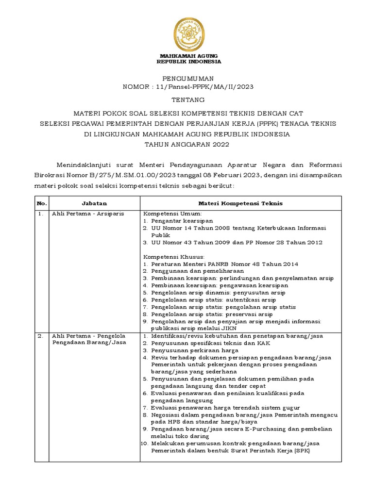 11 - Pengumuman Materi Pokok Seleksi Kompetensi Teknis PPPK Tenaga ...