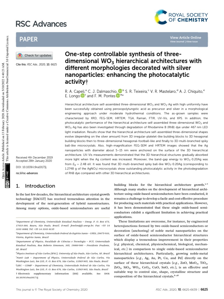 One-Step Controllable Synthesis of 3-D WO3 Decorated With Ag NPs (2020) | PDF | Nanoparticle | X ...