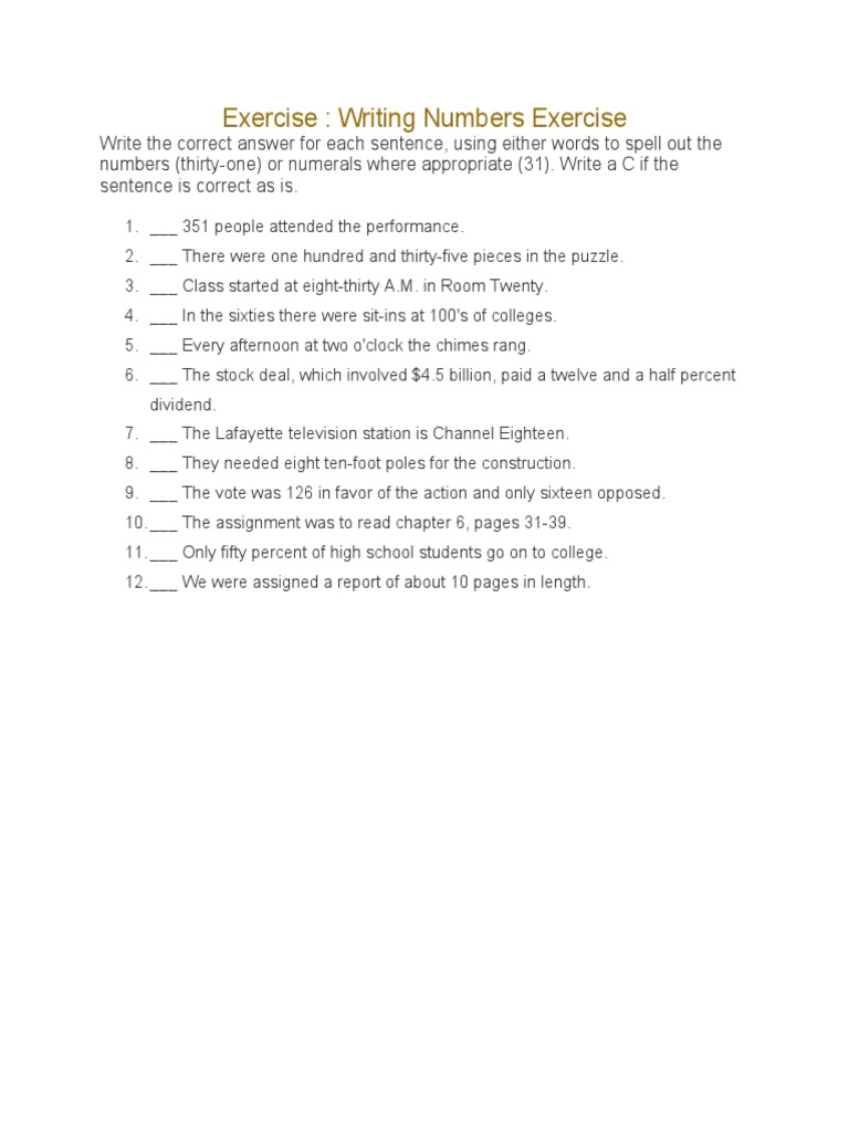 Writing Number Excercise | PDF