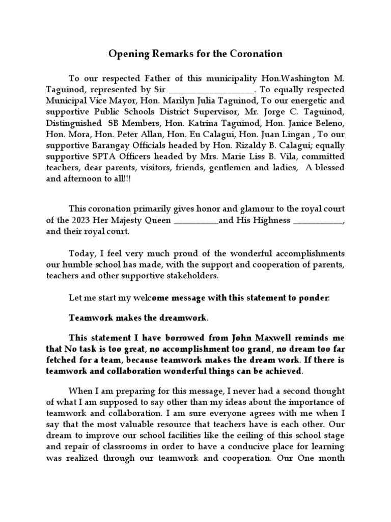Opening Remarks For The Coronation | PDF