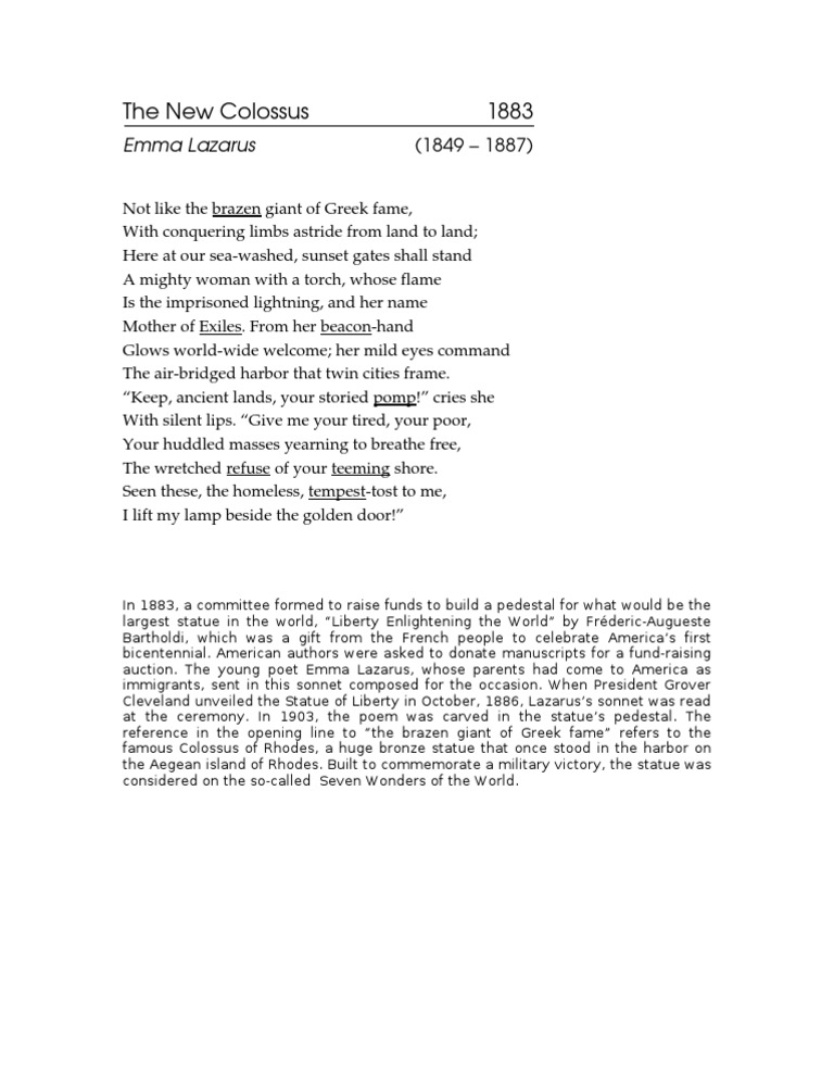 Emma Lazarus's "The New Colossus" Analysis | PDF | Young Adult