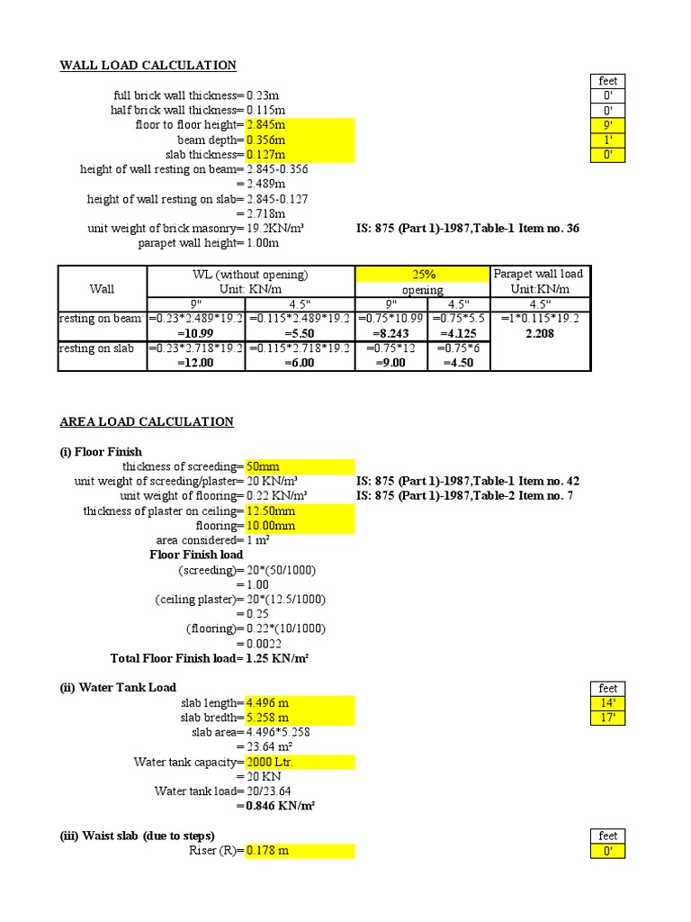 Wall Load Calculation Sheet | PDF