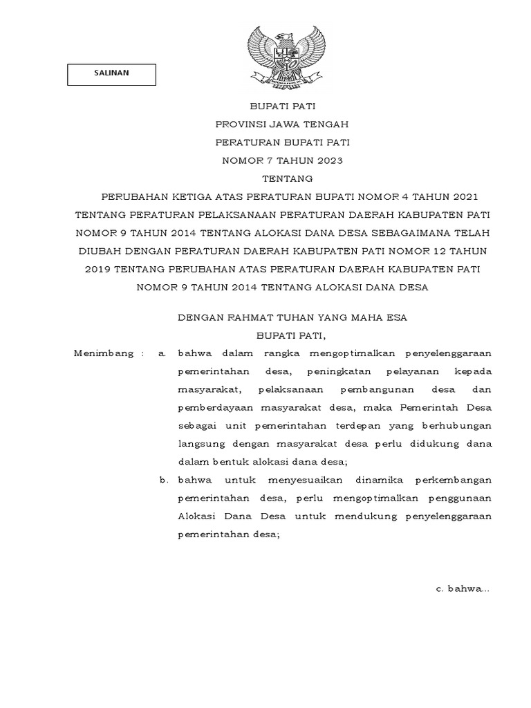 7 Perbup Nomor 7 Tahun 2023 Tentang Perubahan ADD 2023 | PDF