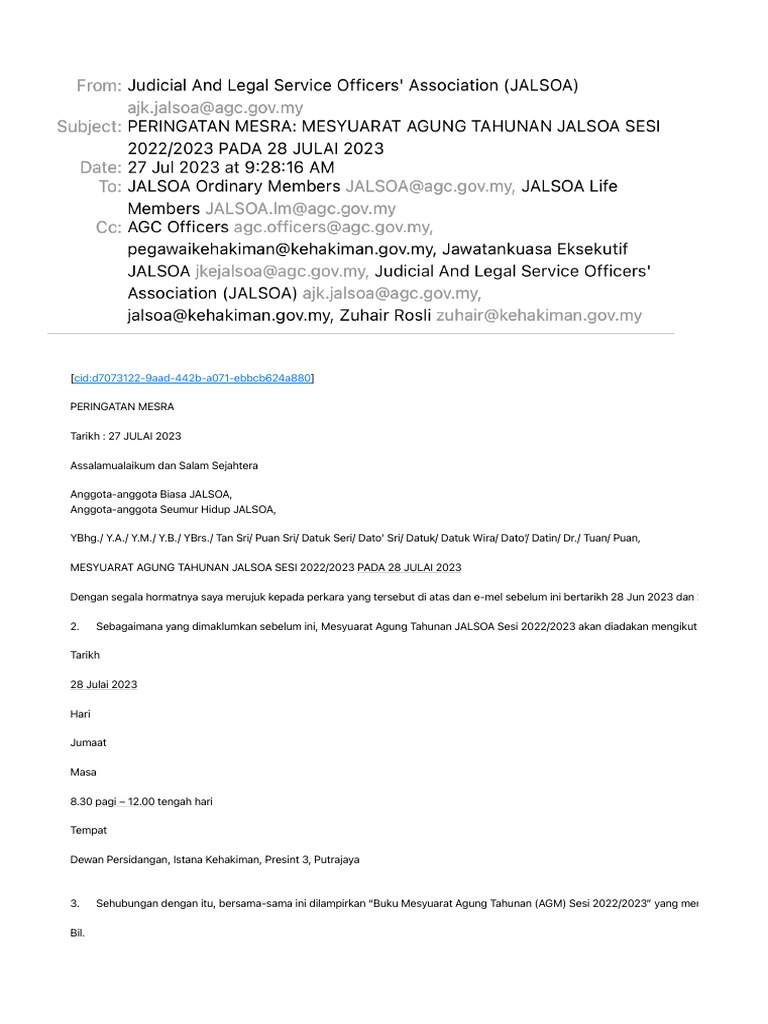 Peringatan Mesra Mesyuarat Agung Tahunan Jalsoa Sesi 20222023 Pada 28 Julai 2023 | PDF