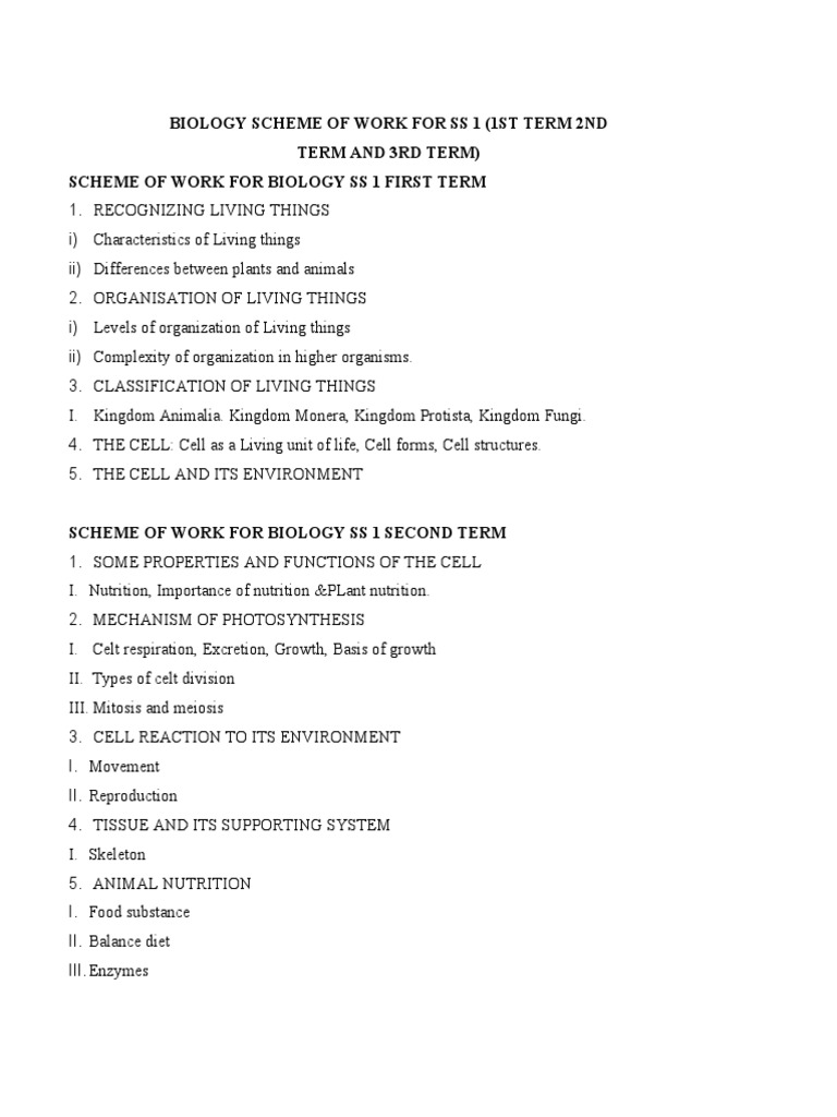 Biology Scheme of Work For SS 1 | PDF