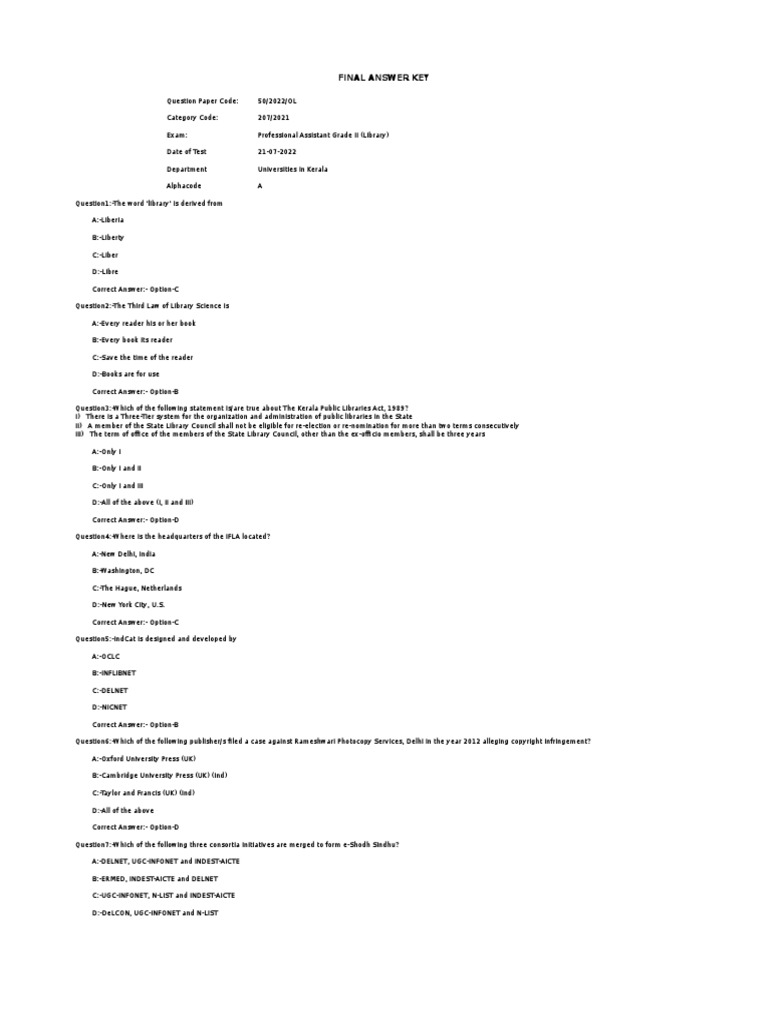 Final Answer Key | Download Free PDF | Information Science | Computing