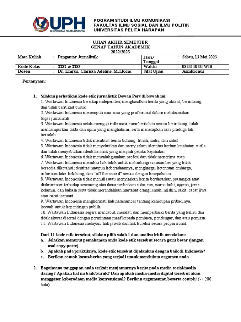 Lembar Jawaban UAS - Pengantar Jurnalistik - TEMPLATE UAS PJJ IK | PDF