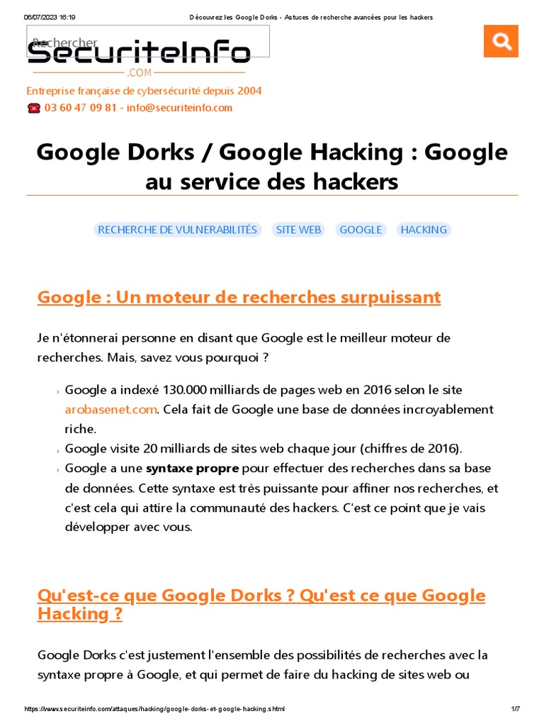 Découvrez Les Google Dorks - Astuces de Recherche Avancées Pour Les Hackers | PDF
