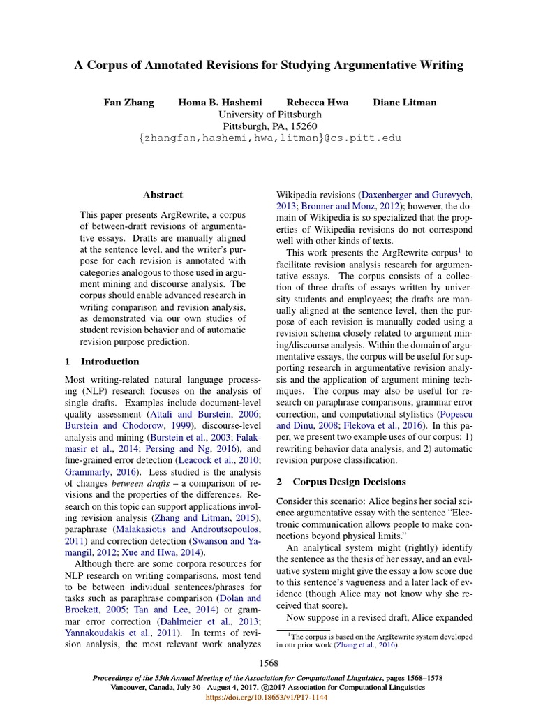 A Corpus of Annotated Revisions For Studying Argumentative Writing | PDF | Metadata | Annotation