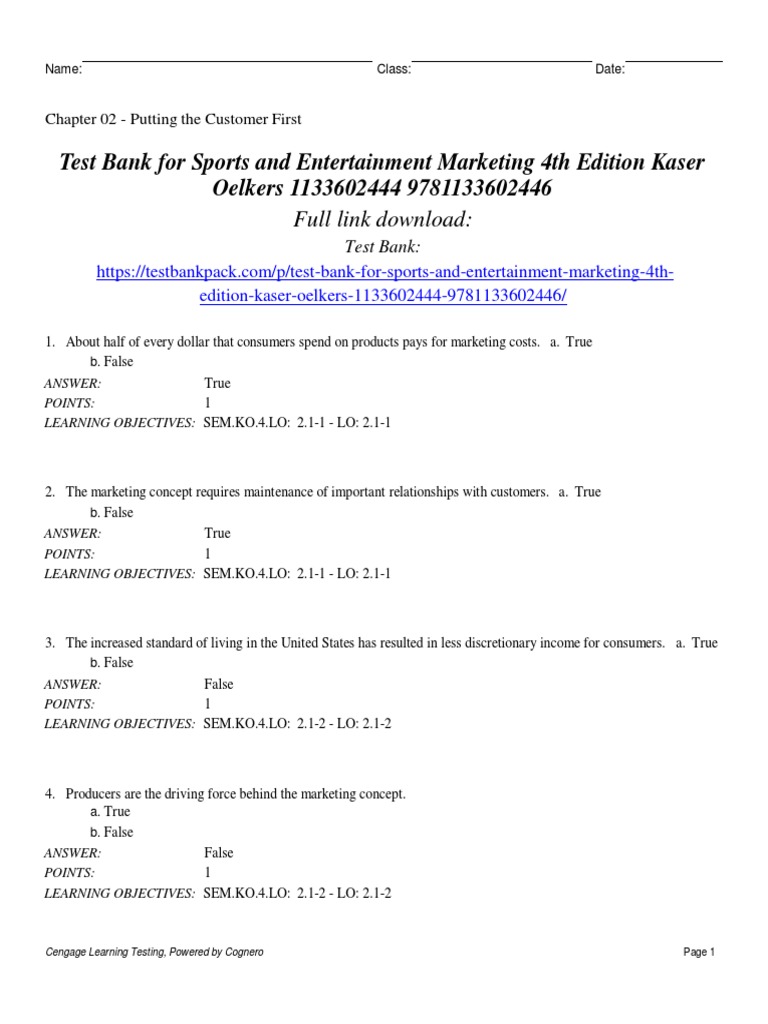 Sports and Entertainment Marketing 4th Edition Kaser Oelkers Test Bank ...