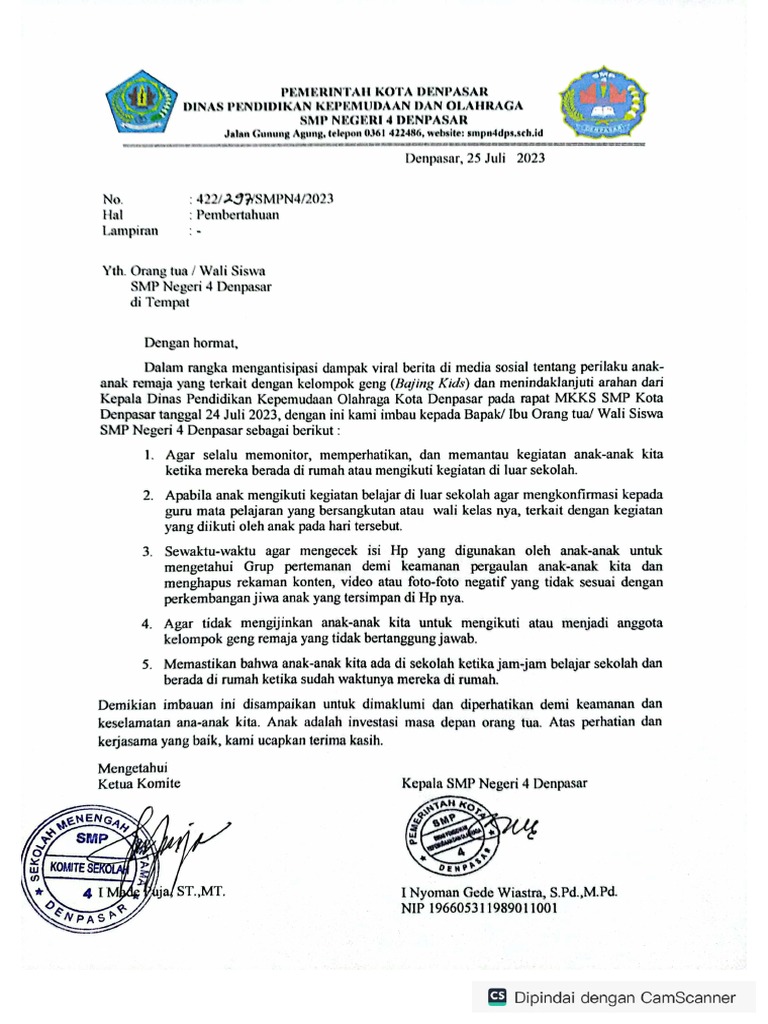 Surat Pemberitahuan Orang Tua Siswa | PDF