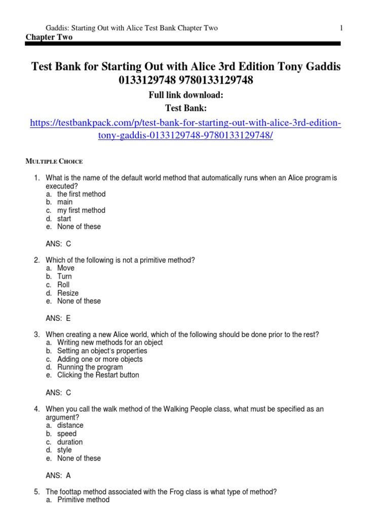 Starting Out With Alice 3rd Edition Tony Gaddis Test Bank | PDF