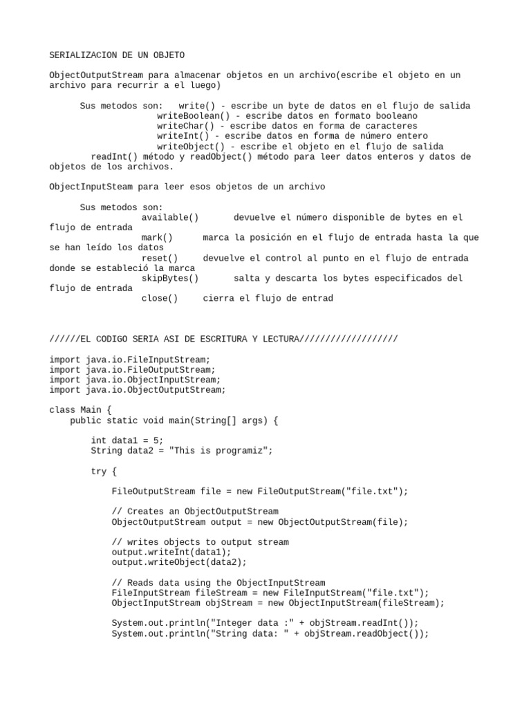 SERIALIZACION en JAVA | PDF | Datos | Tecnologías de la información