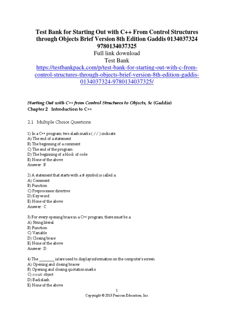 Starting Out With C From Control Structures Through Objects Brief Version 8th Edition Gaddis ...