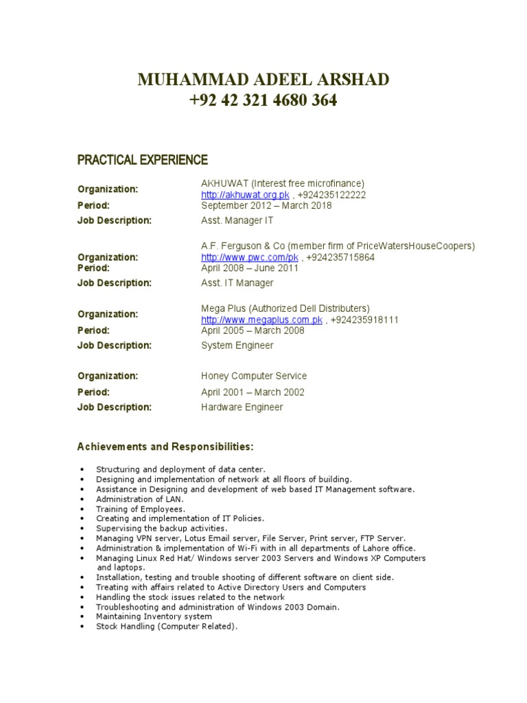 CV - Adeel Arshad | PDF | Windows 2000 | Server (Computing)