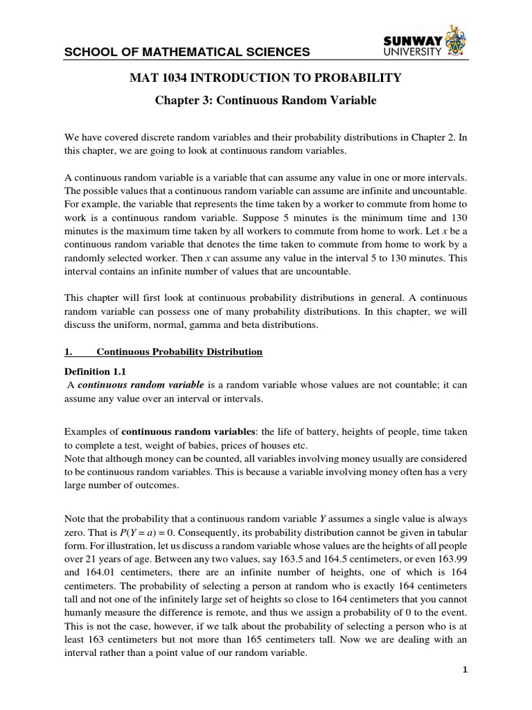 Chapter 3 - Continuous Random Variable | PDF