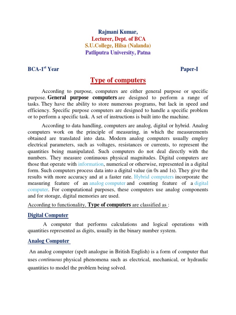 BCA - Type of Computers | PDF