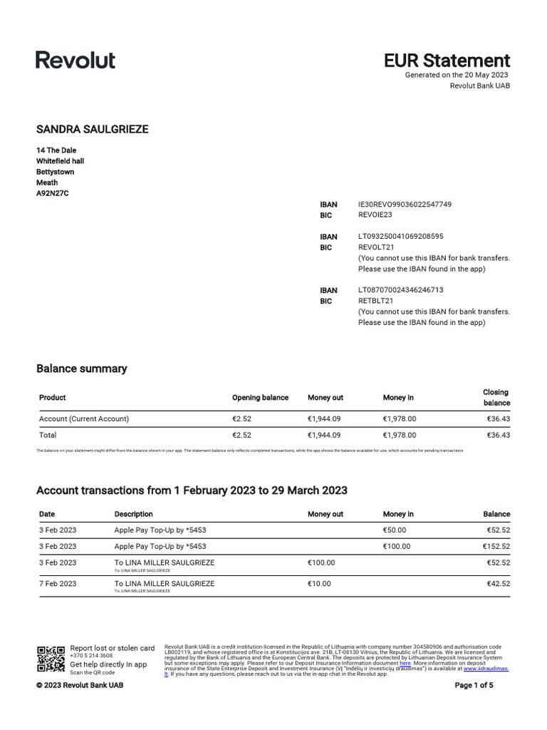 Sandra Revolut Statement 2023 | PDF | Banks | Apple Pay