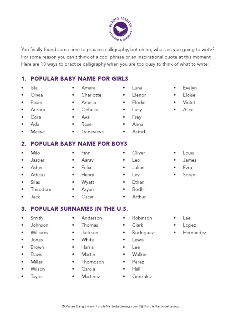 Purple Martin Lettering - 10 Ways To Practice Calligraphy | PDF