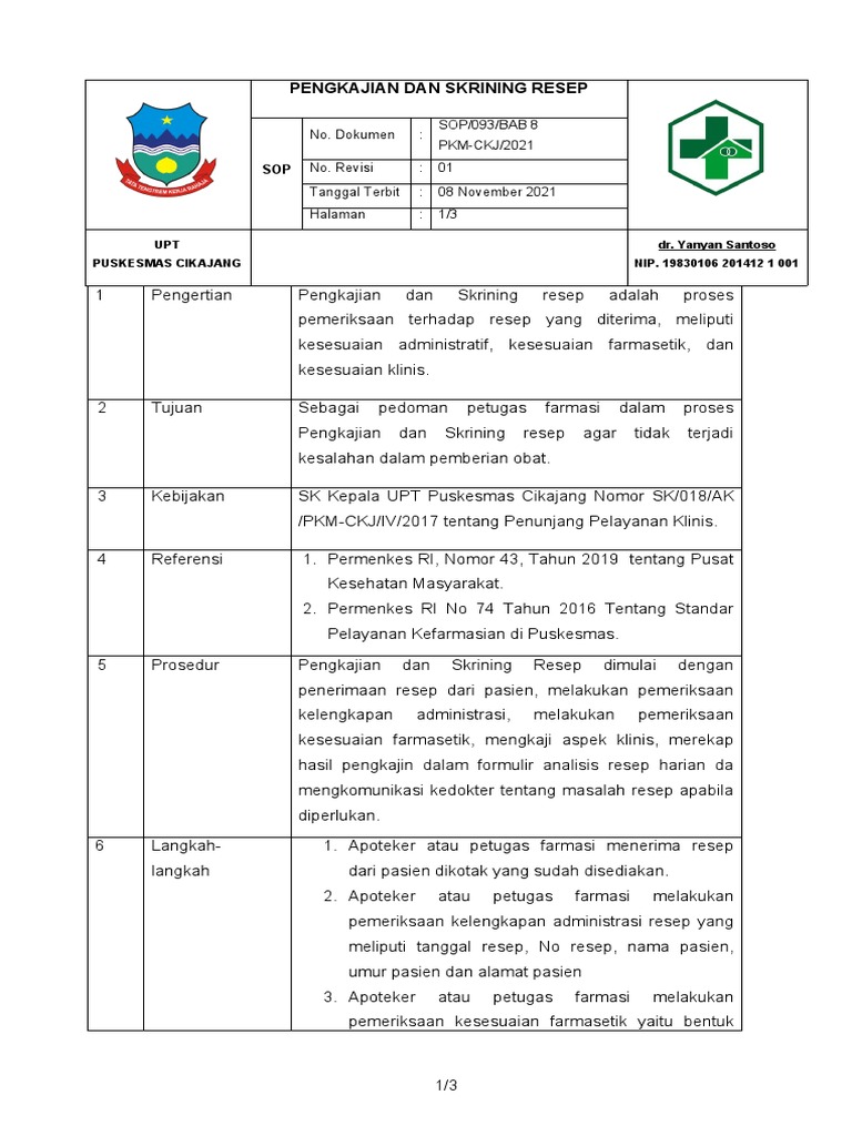 Sop Pengkajian Dan Skrining Resep | PDF | Kesehatan Holistik