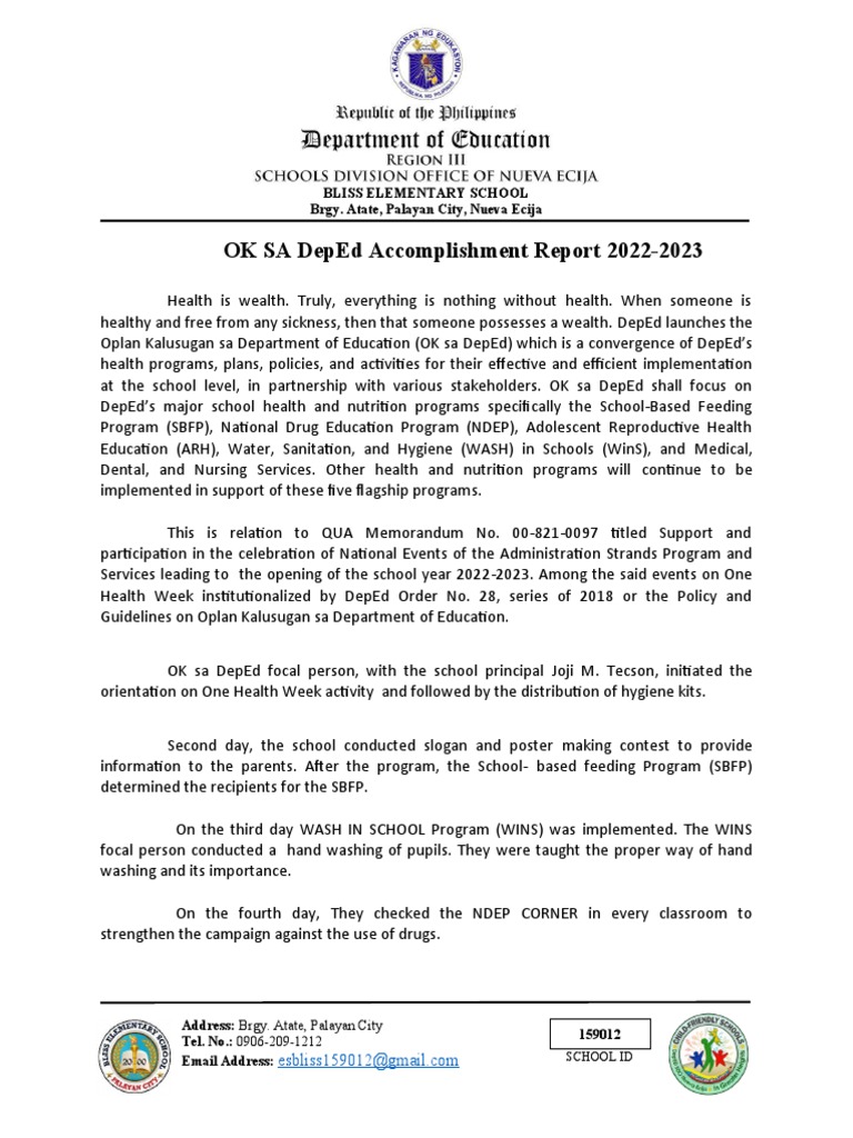 Okay Sa Deped Accomplishment Report | PDF | Public Health | Health Sciences