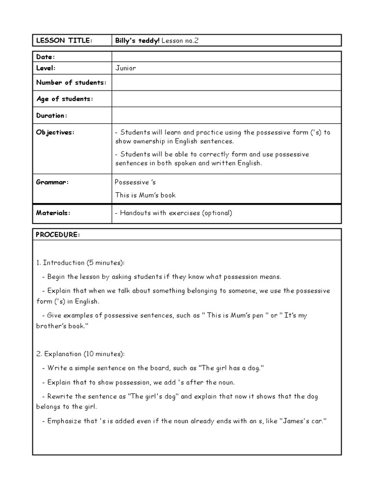 Billy's Teddy Grammar | PDF