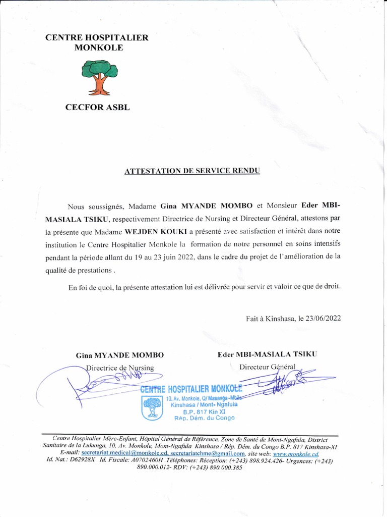 Attestation de service rendu à Monkole | PDF