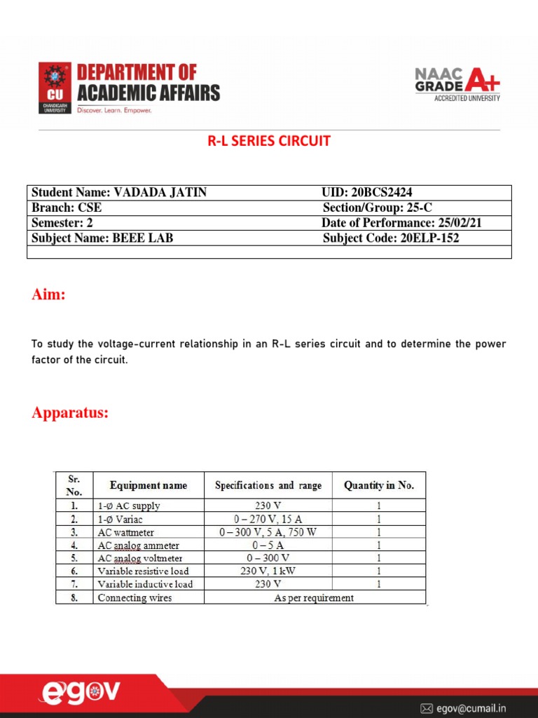 BEEE Worksheet R-L Series Circuit | PDF | Inductor | Series And Parallel Circuits