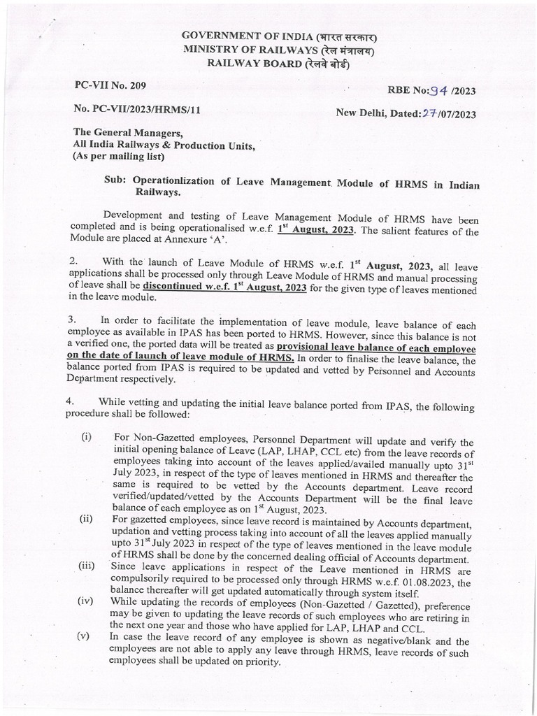 Operationalization of Leave Management Module of HRMS in Indian ...