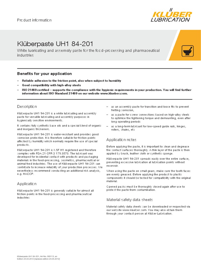 Klueberpaste UH1!84!201 GB en | PDF | Lubricant | Physical Sciences