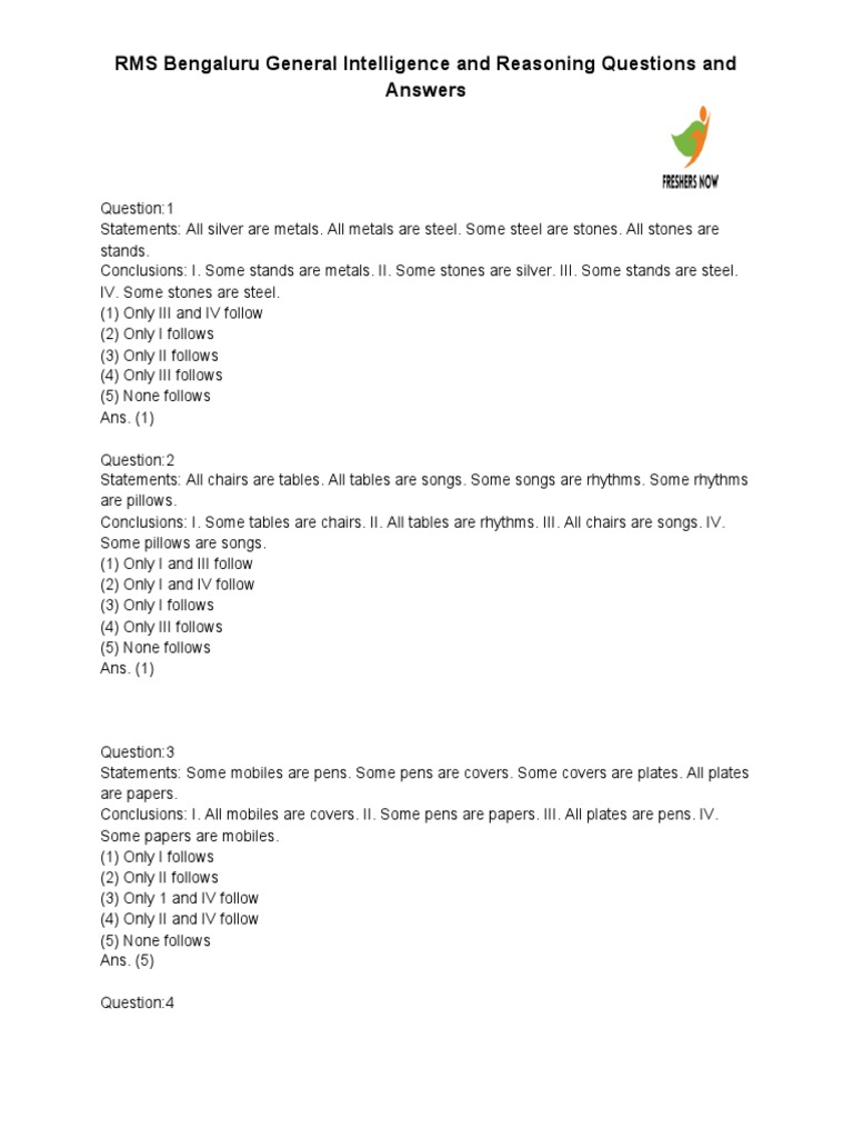 RMS Bengaluru General Intelligence and Reasoning Questions and Answers | PDF | Languages ...