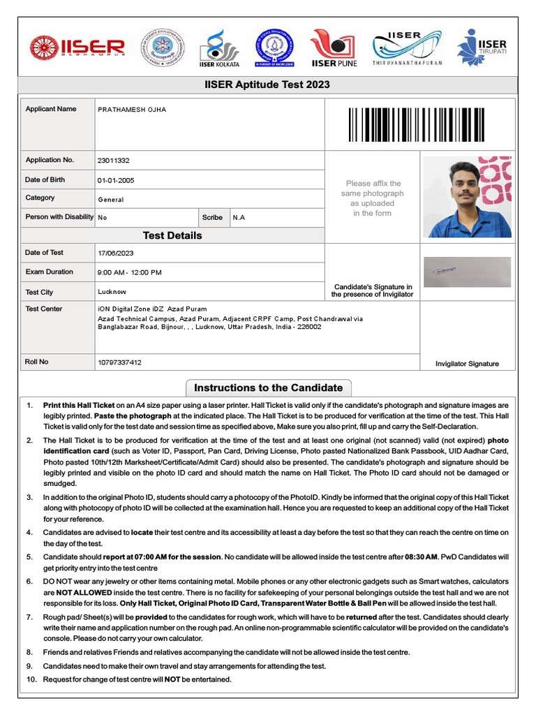 IISER - AdmitCard - CDR - Admit Card-1 | PDF
