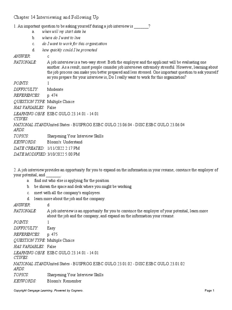 Chapter 14 Interviewing and Following Up | PDF | Job Interview | Nonverbal Communication