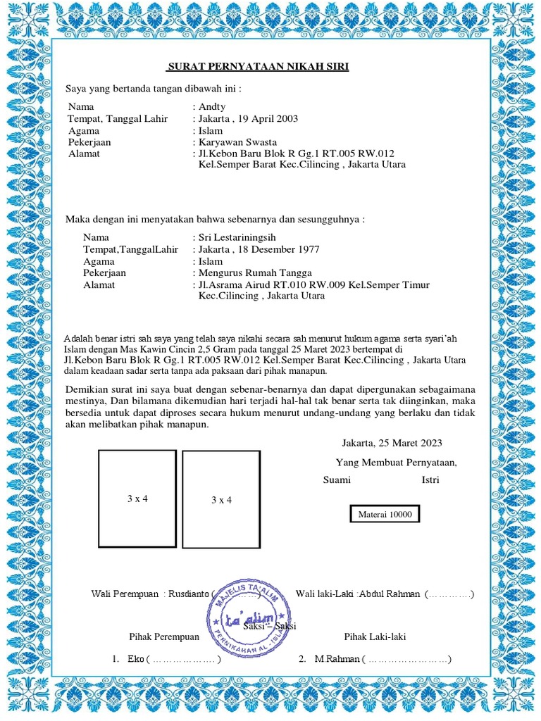 Surat Pernyataan Nikah Siri: Materai 10000 | PDF