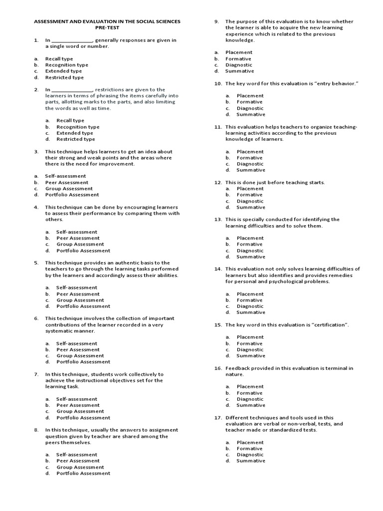 Pre-Test Assessment and Evaluation in The Social Sciences | PDF