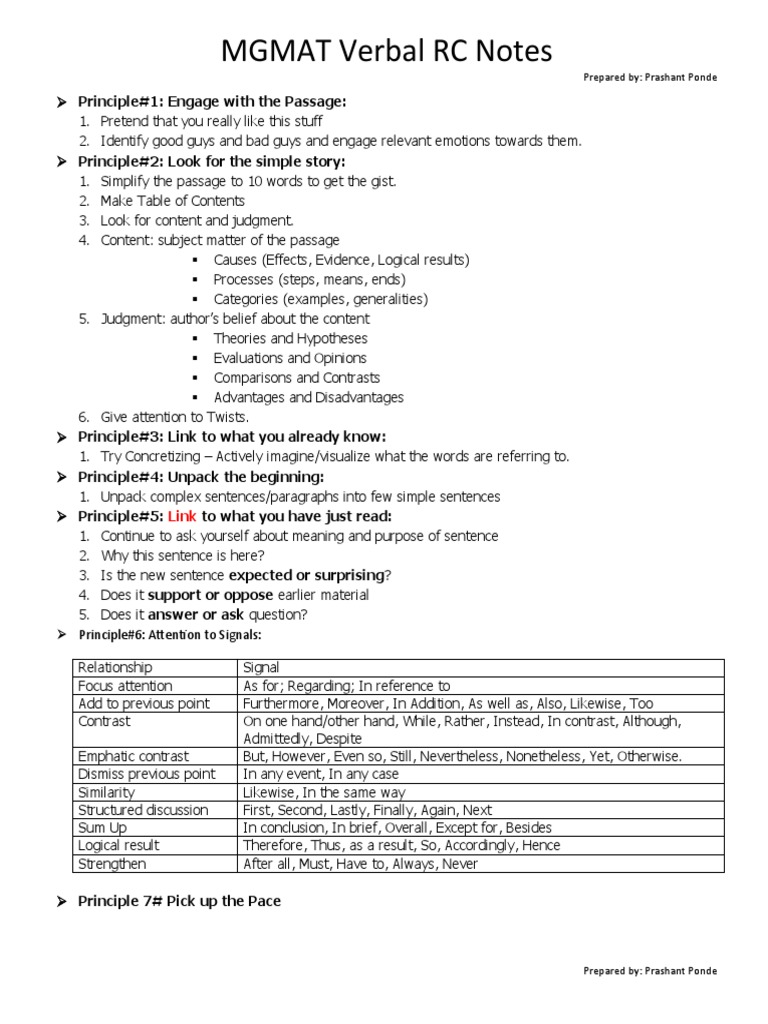 GMAT Verbal Reading Comprehension Notes | PDF | Attention | Question