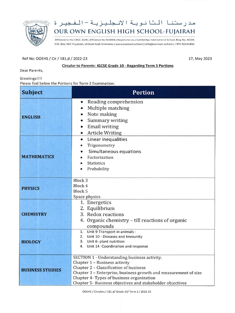 181d Term 3 Exam Portions For IGCSE GR 10 | PDF