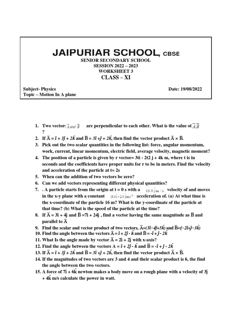 Motion in A Plane Worksheet1 | PDF | Euclidean Vector | Velocity