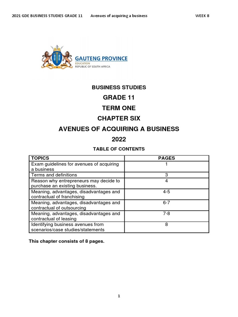 2021 Business Studies Grade 11 Notes Chapter Six | PDF | Franchising ...