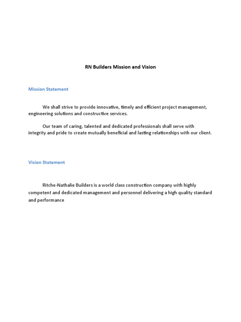 RN Builders Mission and Vision Statement | PDF | Project Management ...