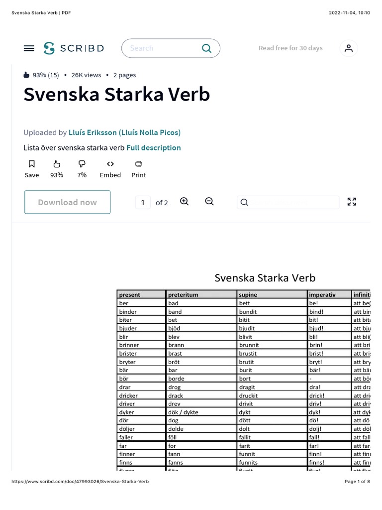 Svenska Starka Verb - PDF | PDF