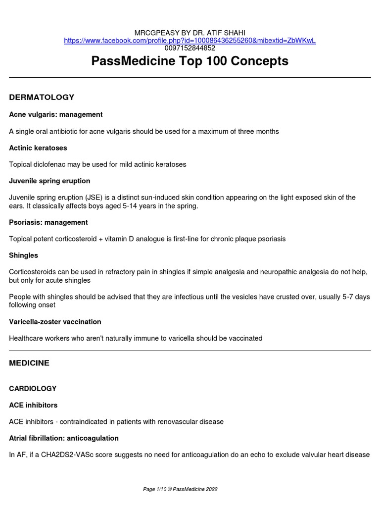 Passmedicine Top 100 Concepts | PDF