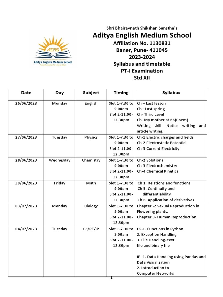 Syllabus and Time Table STD XII PT 1 Exam | PDF