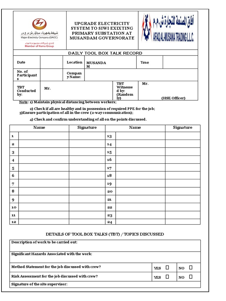 Daily TBT Record Template Revised | PDF | Safety | Occupational Safety And Health