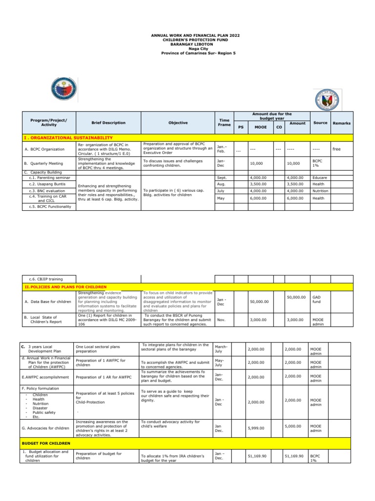2022 Annual Work & Financial Plan for Children | PDF