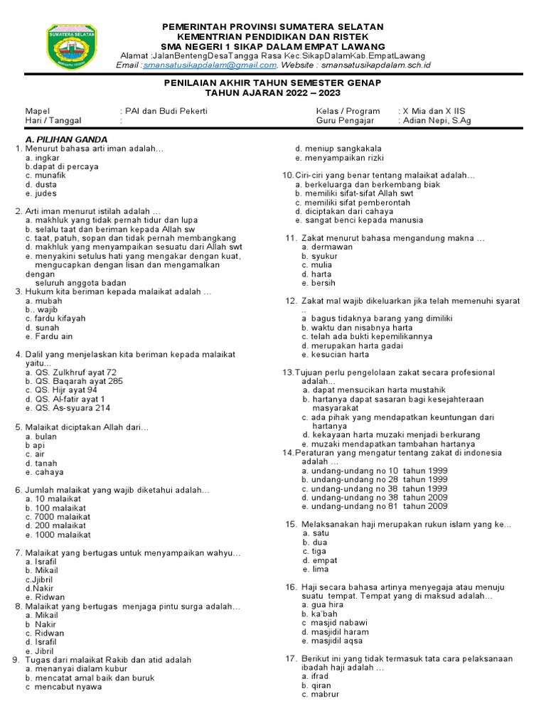 Soal Pat Pilgan Pai Kelas X Genap | PDF
