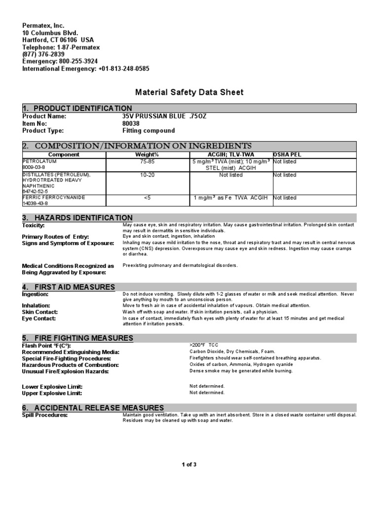 Permatex Prussian Blue Fitting Compound MSDS | PDF | Dangerous Goods ...