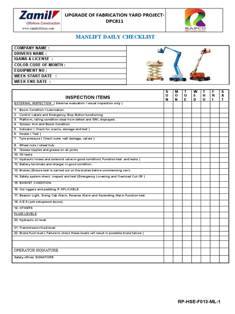 Hse-Rp-F013 - Man Lift Checklist-Ml-1 | PDF