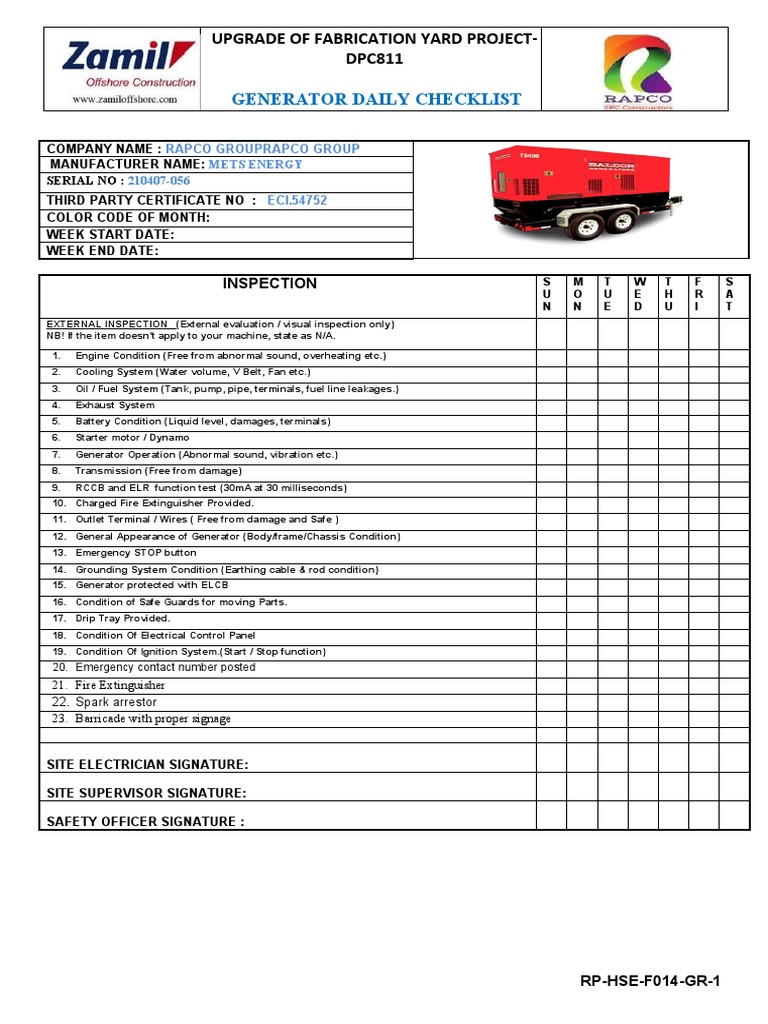 RP-HSE-F014-GR-1-Generator Checklist | PDF