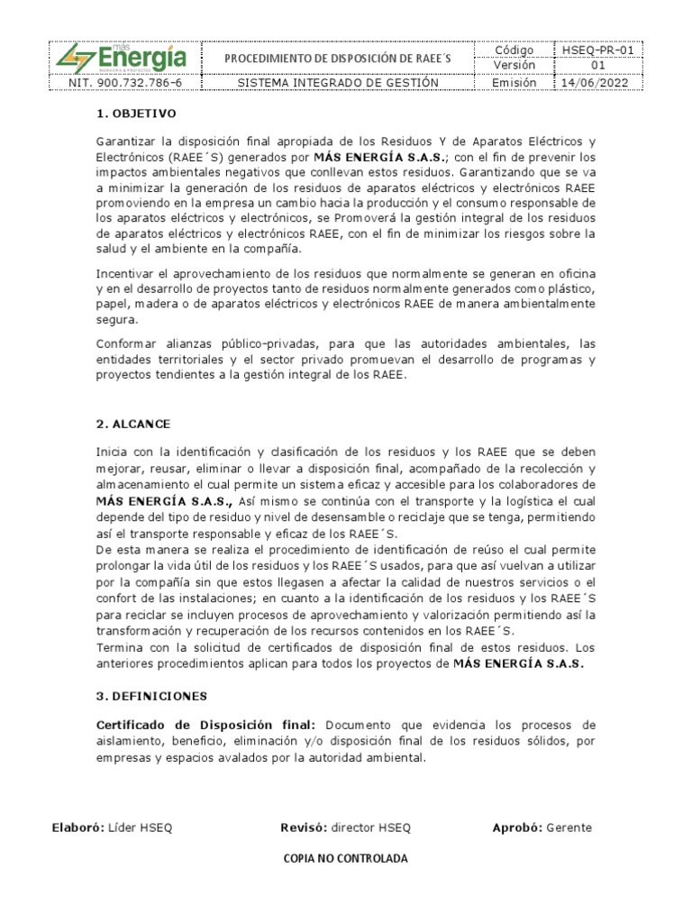 Hseq Pr 01 V1 Procedimiento De Disposición De Raee S Pdf Residuos